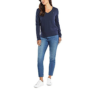 Nautica Women's Effortless J-Class Long Sleeve 100% Cotton V-Neck Sweater, Navy, Large