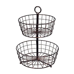 BirdRock Home 2 Tier Wire Fruit Basket Bowl - Round Metal Standing Storage Baskets - Vegetable Garlic Caddy Stand for Kitchen Counter - Freestanding Rustic Decorative Farmhouse Decor