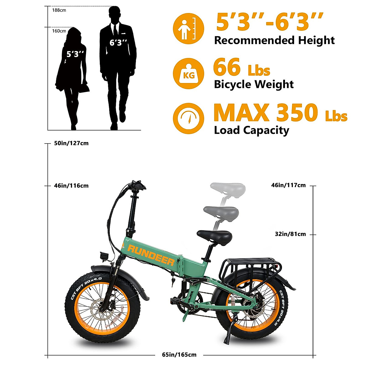 RUNDEER 750W Adult Electric Bicycle, 20 inch Fat tire Aluminum Frame, Maximum Speed of 32 Miles per Hour with Samsung High Performance Batteries 48V Front and Rear Shocks Absorption（Green）