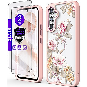 DagoRoo for Samsung Galaxy A54 5G Case with Tempered Glass Screen Protector [2 Pack],[Military Grade Protective] Slim Soft TPU & Hard PC,Girls Women Crystal Clear Flower Pattern Case-Ranunculus/Pink