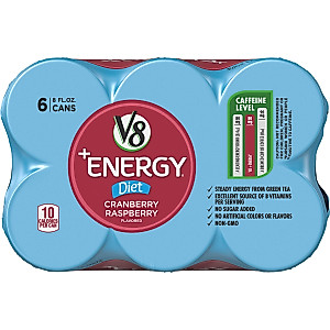 V8 +Energy, Healthy Energy Drink, Natural Energy from Tea, Diet Cranberry Raspberry, 8 Fl Oz (Pack of 6)