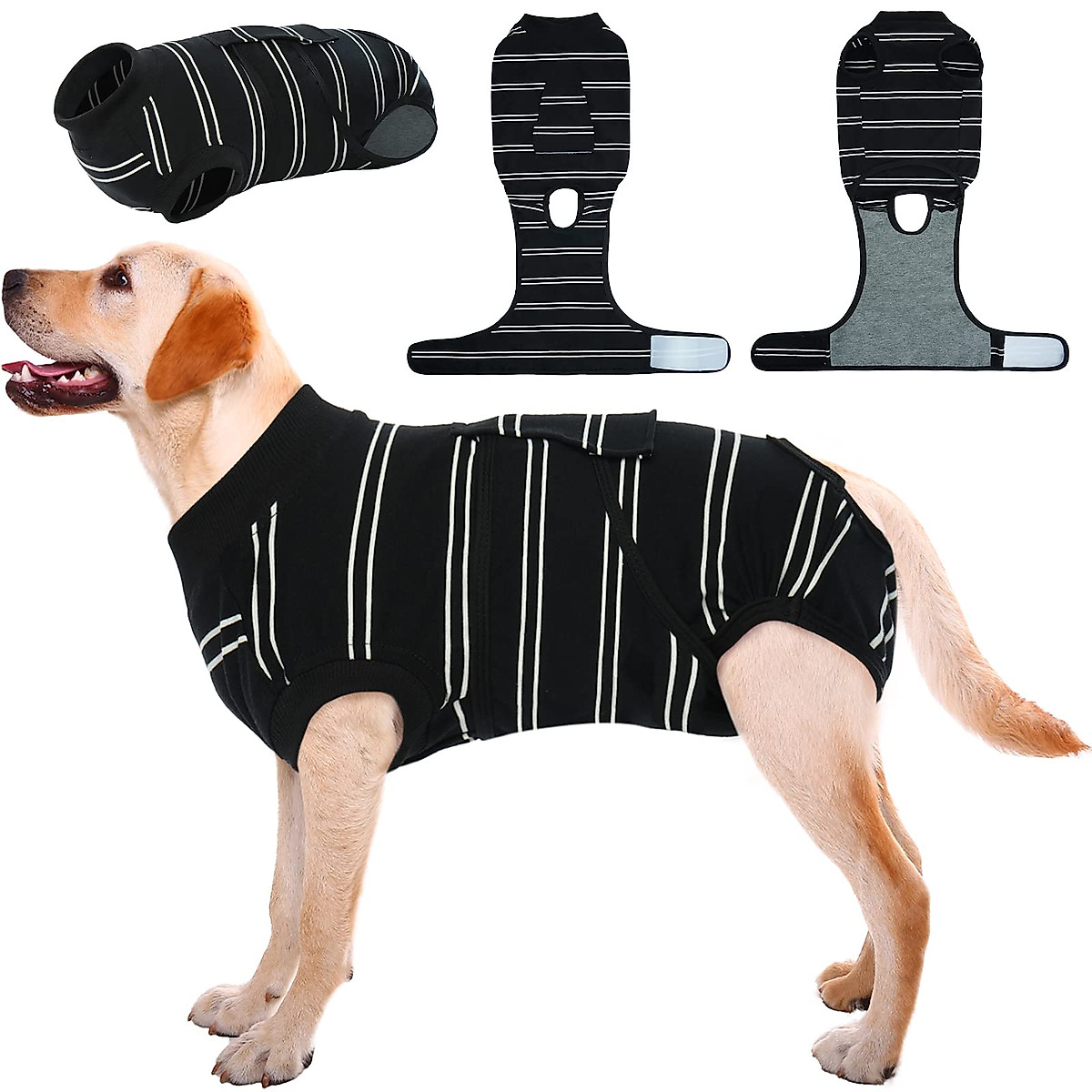 Kuoser Dog Surgery Suit Female Spay, Soft Dog Recovery Suit Male Neuter Anti Licking Dog Onesie E-Collar & Cone Alternative, Breathable Dog Surgical Suit for Surgery Recovery, Black Strips XL