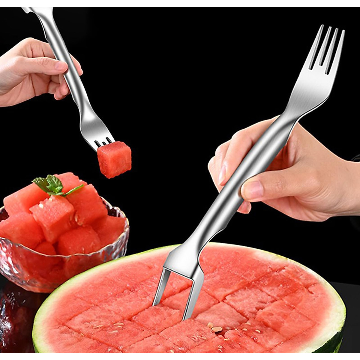 Watermelon Fork Slicer Cutter, 2-in-1 Stainless Steel Fruit Cutter, Summer Portable Watermelon Cutter Melon Cutter Tool, Multifunctional Fruit Fork for Home Kitchen,Camping