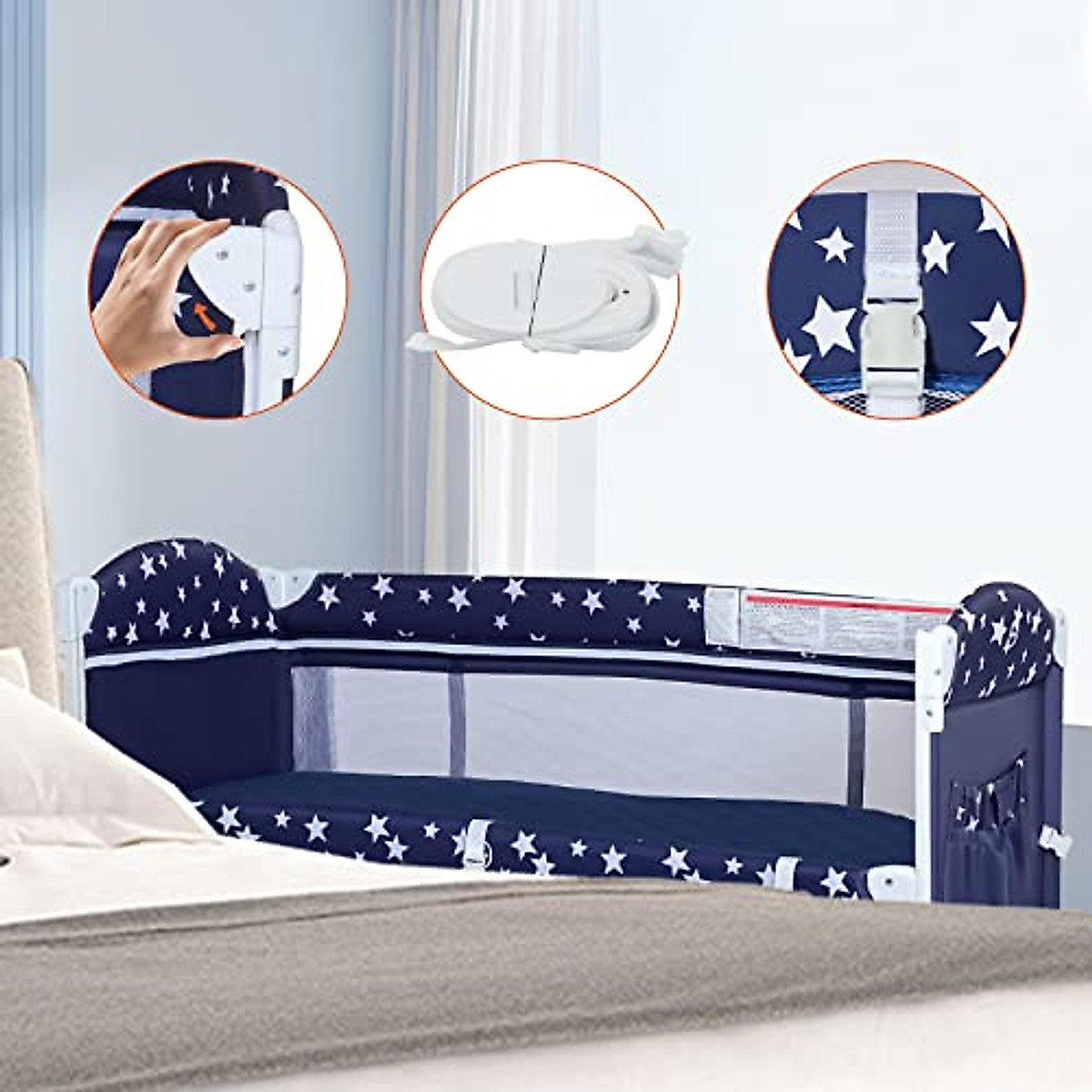 Tksd&m Portable Baby Playard, 2 in 1 Convertible Pack and Play with Comfortable Mattress, 5 Height Adjustable Bedside Crib, Foldable Crib (Navy)