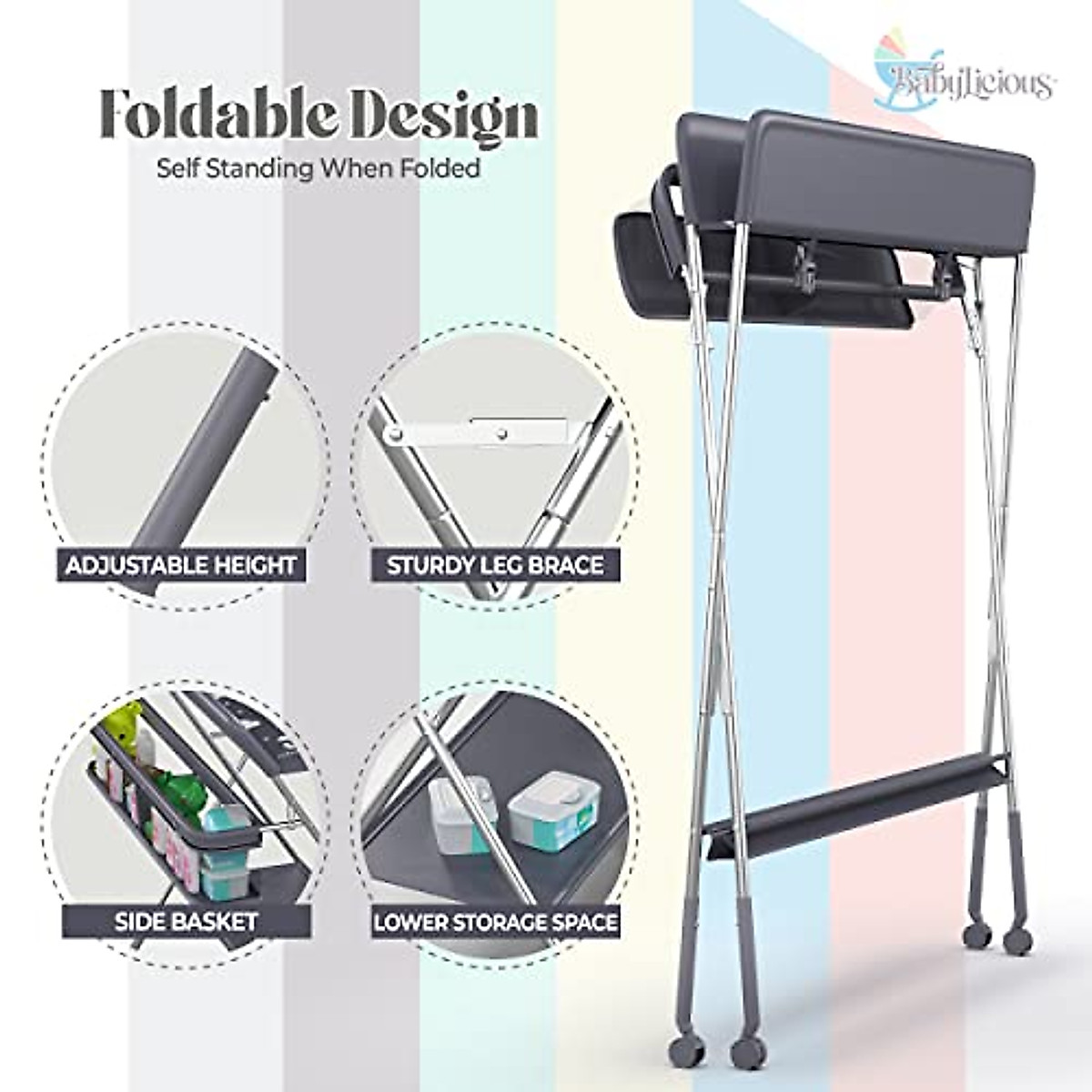 Babylicious Baby Portable Changing Table - Foldable Changing Table with Wheels - Portable Diaper Changing Station - Adjustable Height Baby Changing Table-Safety Belt and Large Storage Rack for Infants
