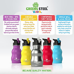 Kids Water Bottle with Straw & Handle, 12 oz Silver- Eco Friendly Toddler Cups with Straws - Easy Sip Metal Water Bottle for Kids - Cute Stainless Steel Water Bottles for Children - Leak Proof Lid