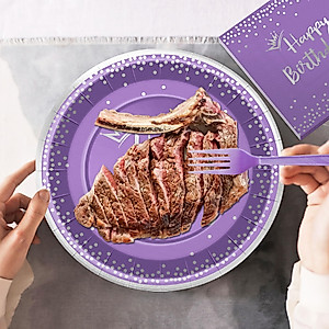 96 Pieces Purple and Silver Birthday Plates and Napkins Party Tableware Set with Happy Birthday Party Decorations,Paper Plates,Napkins and Forks for 24 Guests