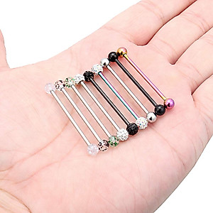 Lcolyoli 14G Stainless Steel Industrial Barbell Earrings for Women Men Cartilage Helix Rings Piercing Jewelry 9 Pieces 1 1/4 Inch (32mm) Rainbow Black Silver