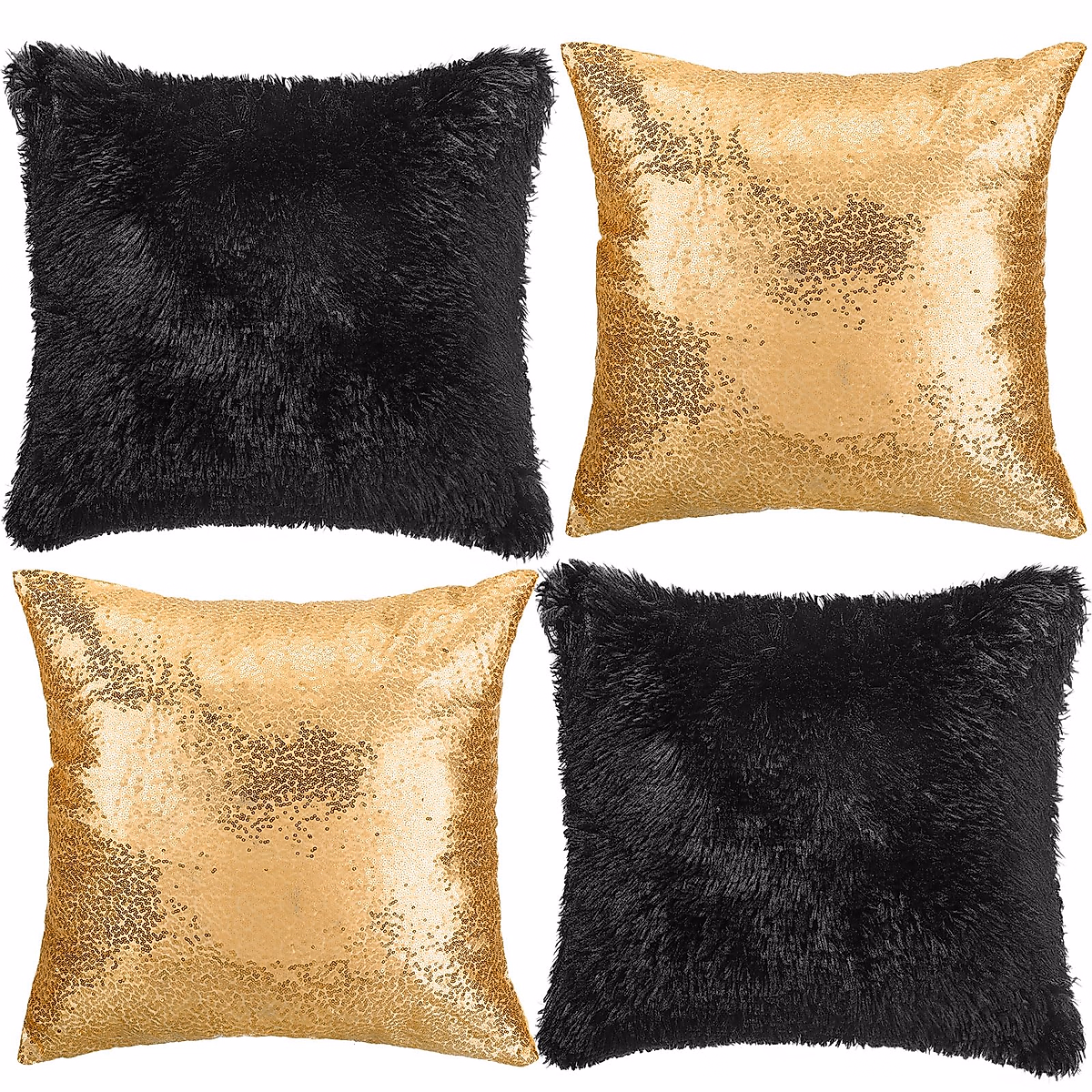Mixweer 4 Pcs Sequin and Fluffy Pillow Cases Glitter Pillow Covers Faux Fur Throw Covers Decorative Cushion Case for Couch Bed Sofa Wedding, No Insert(18'',Gold, Black)