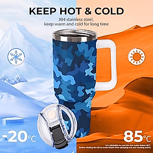 LLUTSNTH 40 Oz Vacuum Tumbler with White Handle Leakproof Insulated Tumbler Blue Camo Stainless Steel Travel Mug with Lid And Straw Coffee Cup Cute Water Bottles Cup Holder Friendly