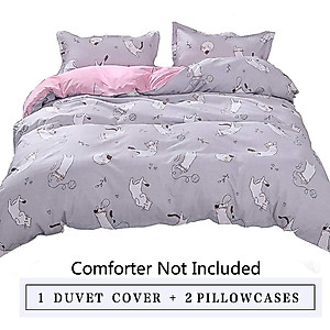 Omelas Girls Grey Bedding Duvet Cover Set Queen Full Size Kids Lovely Cats Playing with Pink Geometry Reversible Quilt Cover Super Soft Microfiber Bedding,2 Pillow Shams,Zipper Closure(KAMM,Q)