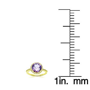 Ice Gems Yellow Gold Flashed Silver Simulated Amethyst and Cubic Zirconia Round Halo Ring, Size 9