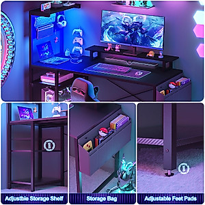 Homieasy Gaming Desk with Power Outlets & Pegboard & Led Light, 43 Inch Computer Desk with Reversible Storage Shelves & Side Storage Bag, PC Gamer Desk with Hutch & Monitor Stand, Carbon Fiber Black
