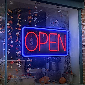 Sugarneon LED Neon Open Sign, 16.5"x 9" Open Sign for Business, Powered by USB with ON/OFF Switch, Adjustable Brightness Neon Lights for Party Bar Salon Stores Hotel Wall Decor Neon Light Sign（Blue/Red-Horizontal）