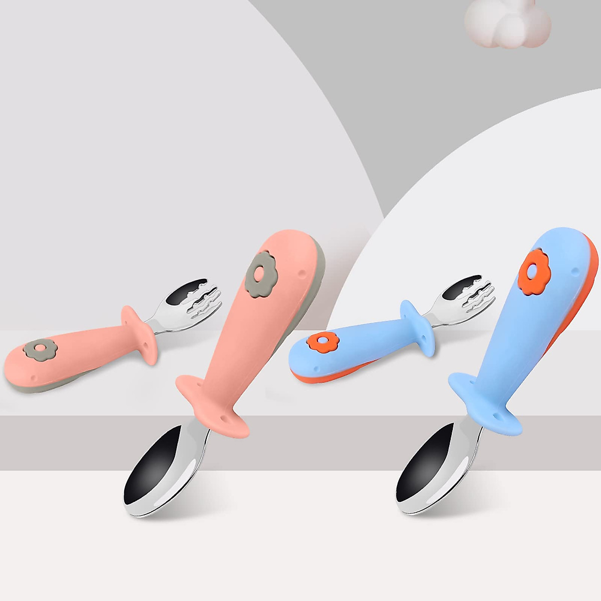 Toddler Utensils Baby Forks and Spoons, Baby Training Utensils Self Feeding Toddler Silverware Stainless Steel Kids and Toddler, Designed for Self Feeding Flatware Set with Travel Carrying 12m+