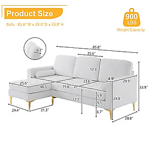 voqoomkl 85" Burlap Fabric Sectional Sofa Couch with Reversible Chaise, L-Shape Couch with Bolster Pillows and Metal Legs, 3 Seats Modular Sofa for Living Room Apartment Small Space, Beige