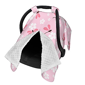 KiuLoam White Flower and Dragonflies On Pink Baby Car Seat Canopy, Nursing Cover for Mom Breastfeeding Scarf, Infant Car Seat Cover/Multiuse Baby Stroller Covers for Babies Boys Girls