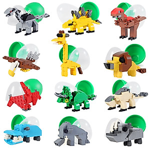 12 Pcs Pre Filled Easter Eggs with Jungle Animals Dinosaurs Building Blocks, 3.25" Eggs for Easter Basket Stuffers, Easter Party Favors, Easter Egg Hunt, Classroom Events, Science STEM Gift