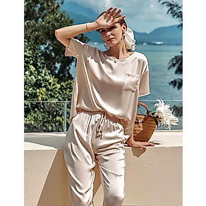 Ekouaer Womens Silk Satin Pajamas Set Two Piece Pj Sets Sleepwear Loungewear Short Sleeve Pj Sets Champagne