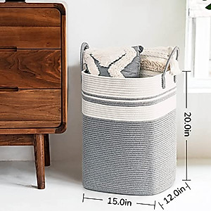 Goodpick Laundry Basket Square Laundry Hamper Tall Dirty Clothes Hampers for Laundry, Living Room, Nursery, Dorm Large Woven Storage Basket for Blankets, Toys, Towels, Yoga Mat Storage, 15"x 20", Grey