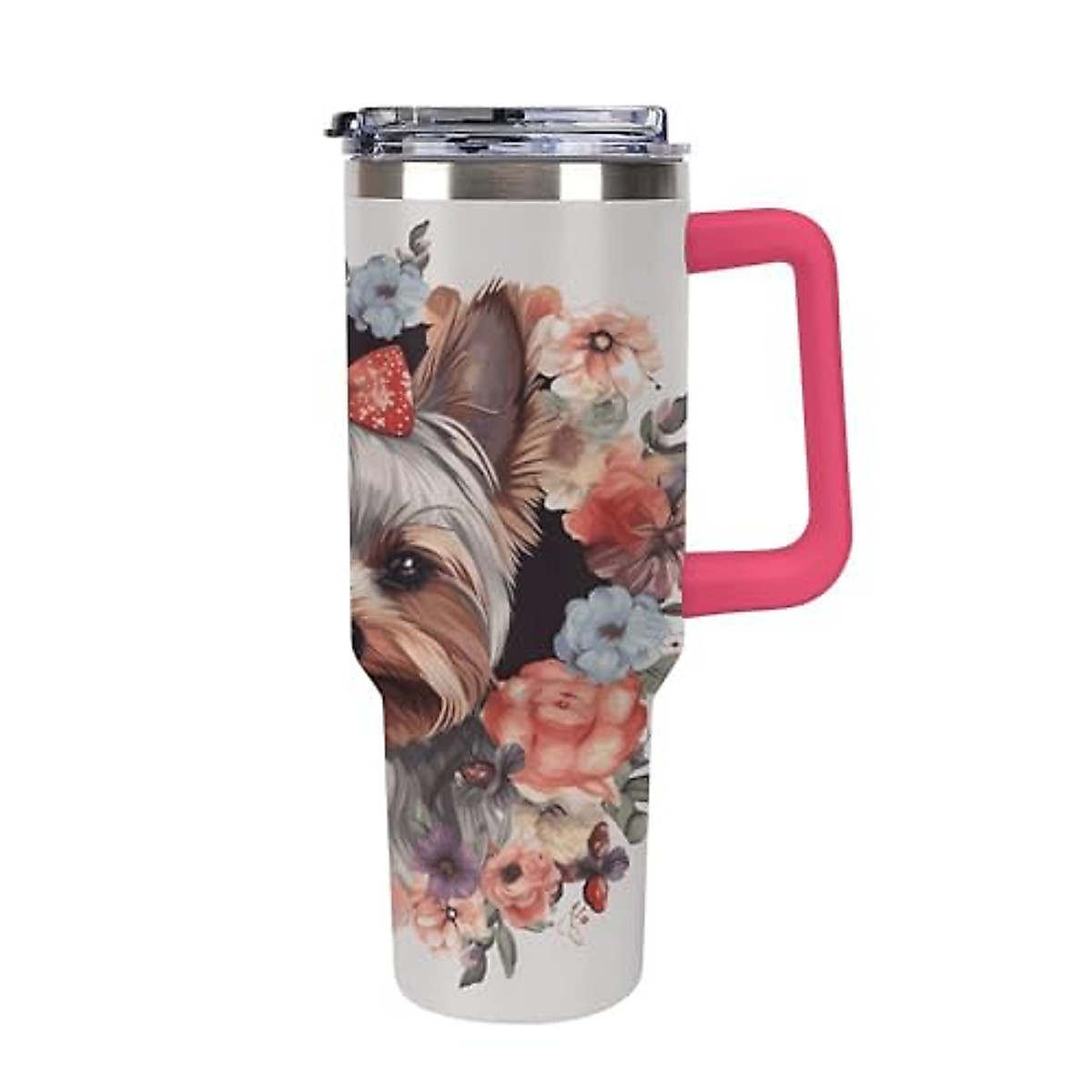 WYUSPGK 40oz Stainless Steel Car Mug, Yorkie Floral Print Travel Mug, Double-Wall Insulated with Straw, Perfect for Car, Office, Outdoor
