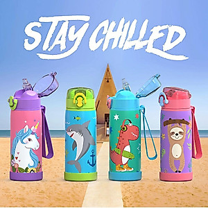16 oz Insulated Water Bottle with Straw for Kids, Durable Stainless Steel & Leak Proof One Click Open Soft Sipper & Protective Silicone Boot (Unicorn)
