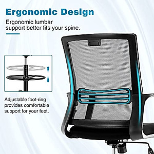 Drafting Chair, Tall Office Chair with Adjustable Foot Ring, Standing Desk Chair with Ergonomic Lumbar Support and Adjustable Armrests, Swivel Rolling Tall Chair, Breathable Mesh, Height Adjustable