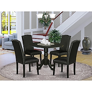East West Furniture DLEN5-BLK-69 5 Piece Dining Room Furniture Set Includes a Round Dining Table with Dropleaf and 4 Black Faux Leather Upholstered Chairs, 42x42 Inch, Black