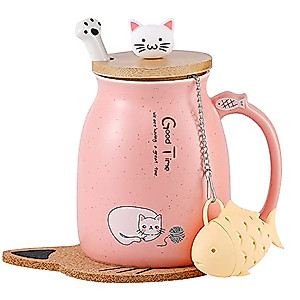 BigNoseDeer Cat Mug Cute Ceramic Coffee Mugs with Lovely Kitty Lid Cat Paw Spoon kawaii Coaster Novelty Tea Cup Pink Mug for Women Christmas Mug Mothers Day Gifts Birthday Gifts 380ML