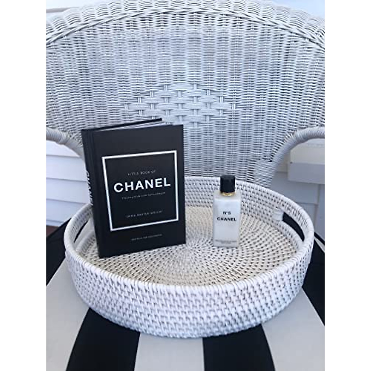 SIMPLY FABULOUS White Round Rattan Serving Tray, 10.6 inch, Strong, Durable Versatile for The Ottoman or a Table