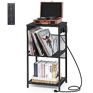 Melos Record Player Table with Charging Station, 3-Tier Record Player Stand, Vinyl Record Storage Cabinet Turntable Stand with Record Storage, End Table Nightstand for Living Room Bedroom, Black
