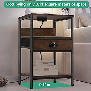 FURWOO Bed Side Table with Charging Station 3-Tier Storage Industrial nightstand with Drawers Good for Bedroom Living Room Rustic Brown