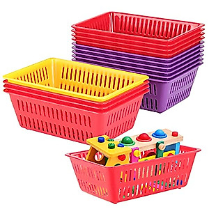 JAPCHET 24 Pack 6.1 x 4.5 x 2.4 Inches Classroom Storage Baskets, Small Plastic Baskets for Organizing 3 Assorted Color, Colorful Storage Tray Organizer for Office and School Supplies