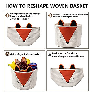 Cute Fox Basket, Cotton Rope Basket Small Gift Baskets Empty Making Kit, Baby Nursery Basket for Toys, Clothes, Gifts, Towels, Kids Laundry Basket, Kids Room Organizer, DIY Gift Basket for Baby Shower