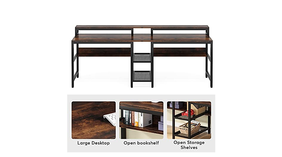 Tribesigns Double Computer Desk with Storage Shelf - Rustic Brown