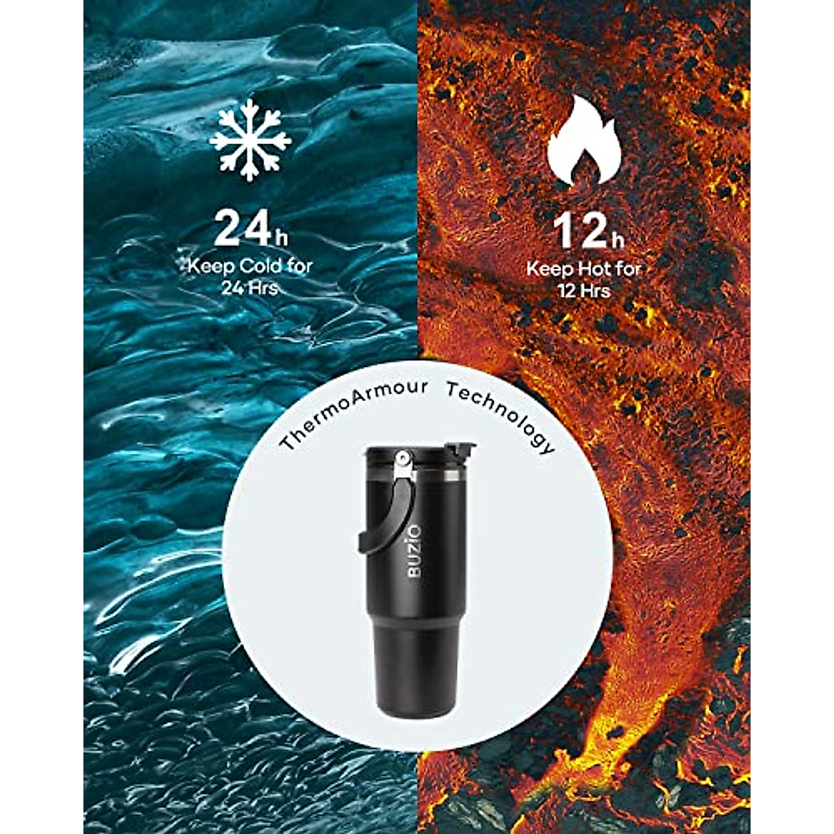 BUZIO 30 oz Tumbler with Handle, Insulated Tumbler with 2-in-1 Lid and Straw, Stainless Steel Vacuum Insulated Iced Coffee Tumbler Cup Water Bottle for Water, Iced Tea or Coffee, Smoothie