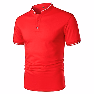 HOOD CREW Mans Fashion Short Sleeve Polo Shirts Summer Casual Band Collar Tops Shirt Red XL
