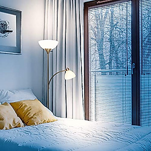 Brightech Sky Dome Plus LED Floor lamp, Torchiere Super Bright Floor Lamp with Reading Lamp for Living Rooms & Offices - Dimmable Tall Standing Lamp for Bedroom Reading - Gold Brass