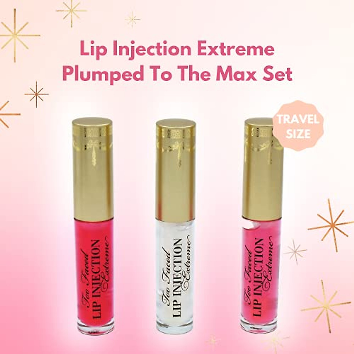 Too Faced Lip Injection Extreme Plumped To The Max Trio Travel Size Set - Original, Bubblegum Yum, Pink Punch - Lip Plumper / Gloss, Plump Lips Makeup