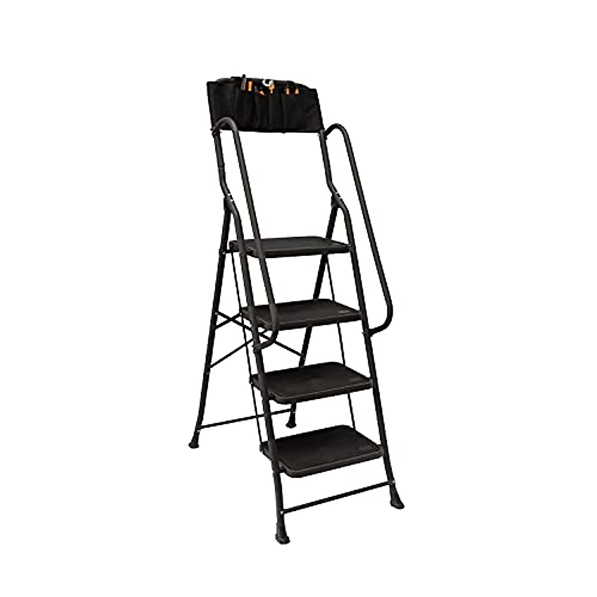 FOOWIN Step Ladder, 4 Step Folding Ladder with Handrails, Portable Steel Step Stool Wide Pedal Ladder Non-Slip Step Ladders for Home Office Kitchen with Detachable Tool Bag (4 Step)