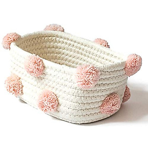 pizarra Cotton Woven Storage Basket Cute Pompom Decor Sundries Finishing Box Nordic Cosmetic Toys Organizer Pink S