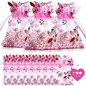 100 PCS Pink Organza Bags with Flowers Jewelry Pouch 3.54 X 4.72 Inches Tulle Pockets Organizer Drawstring Bags for Candy Jewelry Party Wedding Favor