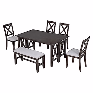 KoiHome Rustic, Family Solid Wood Space Saving 4 Chairs and Bench with Cushion Room, Distressed Finish, Set of 6 (Espresso), 6-Piece Foldable Dining Table Set