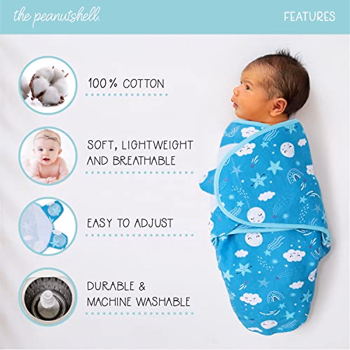 The Peanutshell Baby Swaddle Set for Boys or Girls - Unisex 3 Pack - Cloud & Stars (Small/Medium | 0-3 Months)