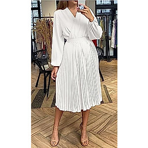 PRETTYGARDEN Women's Fall Midi Dress Long Puff Sleeve Wrap V Neck Flowy Ruffle Pleated Casual Dresses (White,Large)