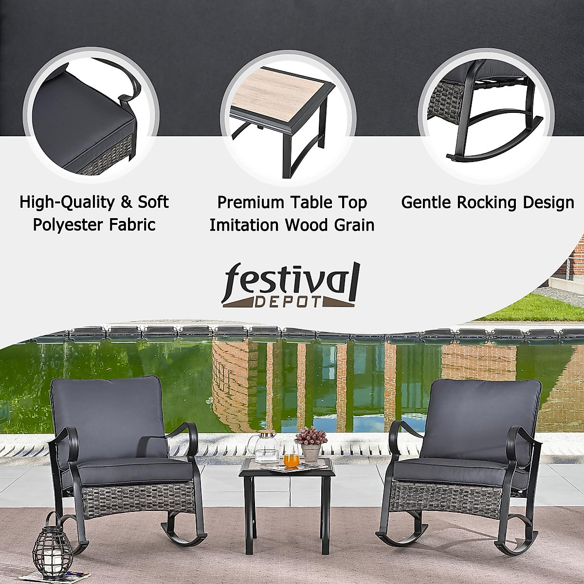 Festival Depot PE Wicker Rocking Chair Set, Patio Bistro Set, 3 Pieces Outdoor Furniture, Conversation Sofa Set of 2 Armchairs & Coffee Table with Removable Cushion All Weather Casual Craft Cozy Small