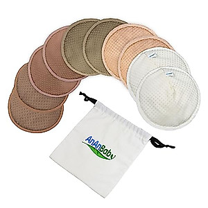 AnAnBaby Organic Bamboo Nursing Breast Pads - 10-Pack Reusable Non-Slip Nipple Pads for Breastfeeding New Moms Postpartum Essentials (5.5inch) with Washing Bags and Handbags（X-Large，Five Colors）