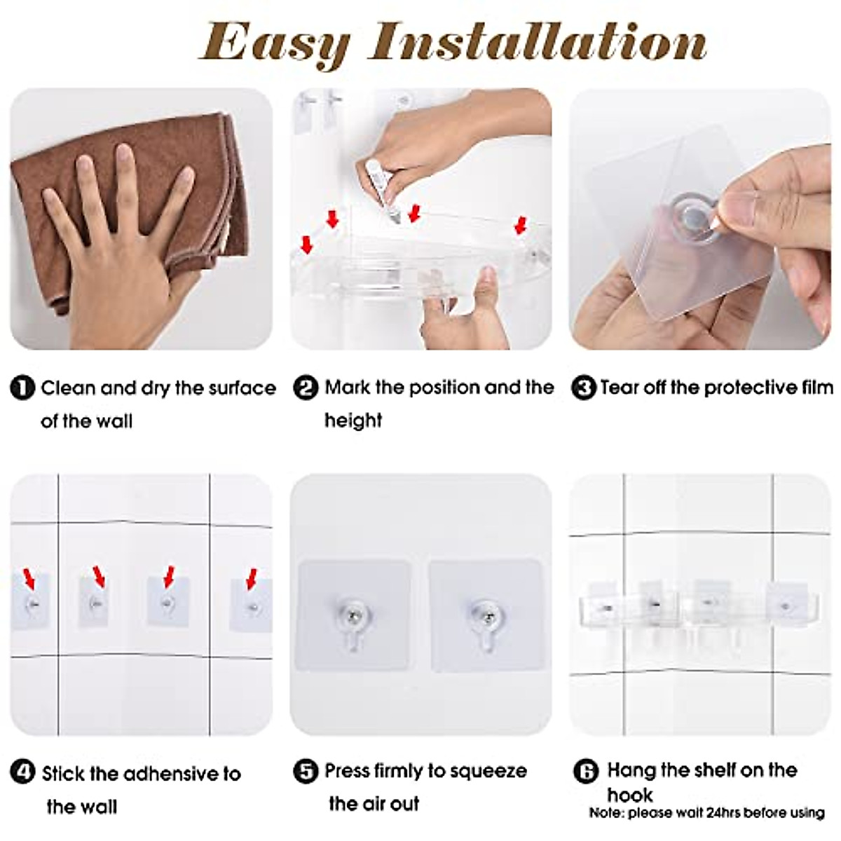 ChezMax Corner Shower Caddy, 2 Pack Adhesive Acrylic Bathroom Organizer with 10 Hooks for Shampoo Soap, Transparent Wall Mounted No Drilling Toilet Shelf, Floating Sponges Scrubbers Holder for Kitchen