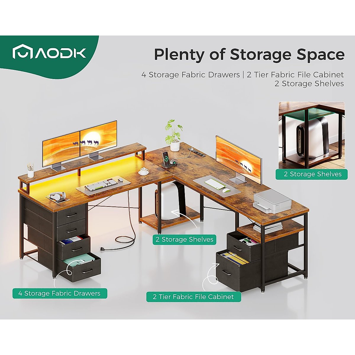 AODK 66" L Shaped Computer Desk, 113“ Reversible Home Office Desk with File Cabinet & 4 Fabric Drawers, Two Person Desk with LED Lights & Power Outlet, Corner Gaming Desk with Monitor Shelf, Vintage