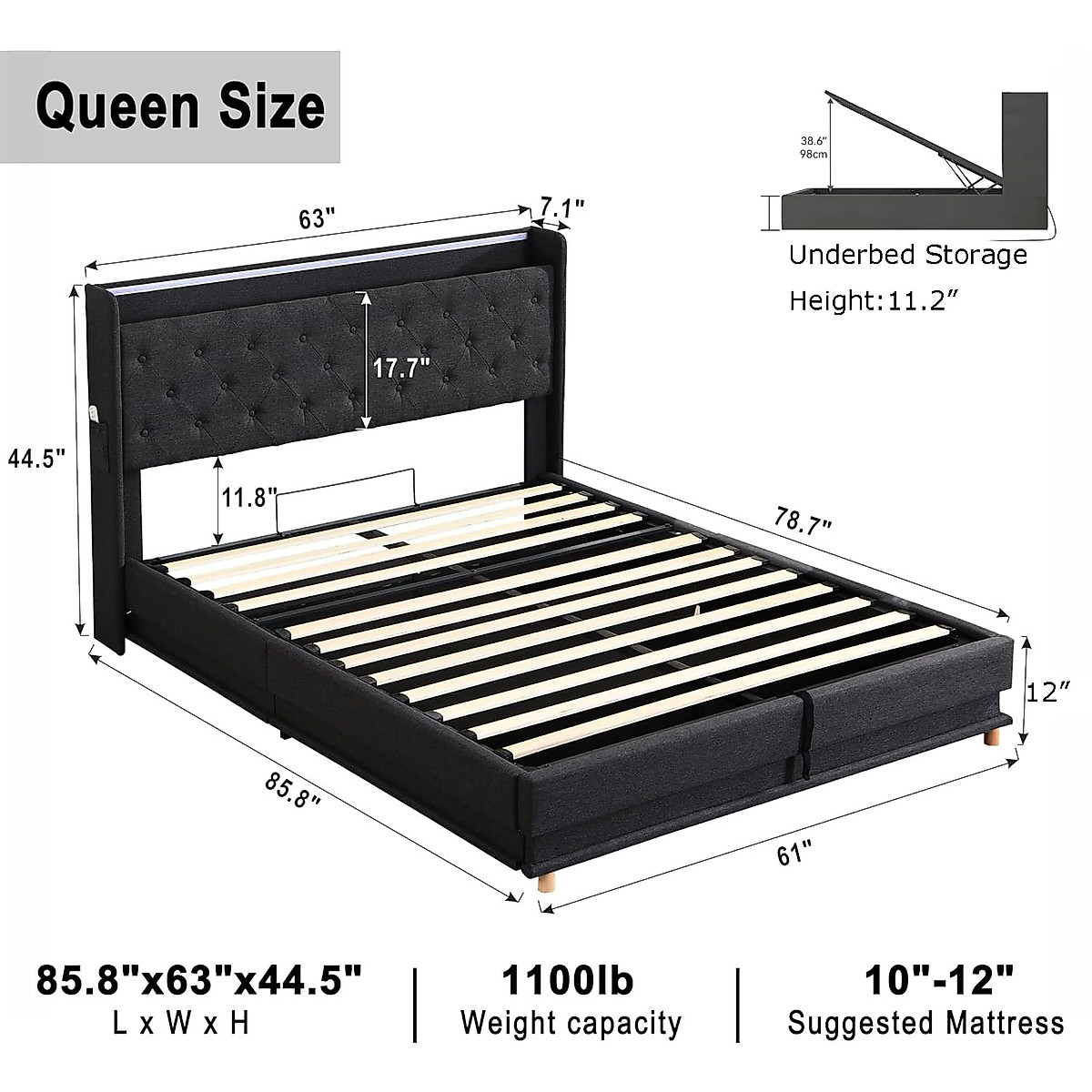 Ailisite Lift Up Storage Bed Queen with Headboard and Storage, Black Upholstered Storage Bed with Wingback Tufted Headboard, Led Queen Size Bed Frame with Charging Station, No Box Spring Needed